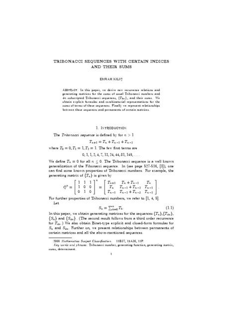 tribonacci sequences with certain indices and their sums pdf matrix mathematics numbers