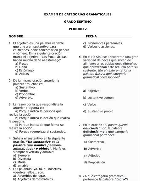 Examen DE Categorías Gramaticales EXAMEN DE CATEGORÍAS GRAMATICALES