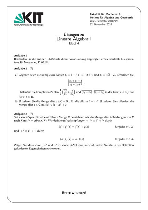 Lineare Algebra 1 Blatt 4 WS 18 19 Fakultät für Mathematik Institut