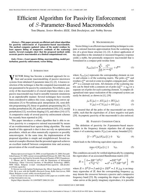 pdf efficient algorithm for passivity enforcement of s parameter based macromodels
