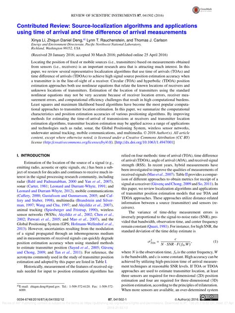 pdf contributed review source localization algorithms and applications using time of arrival