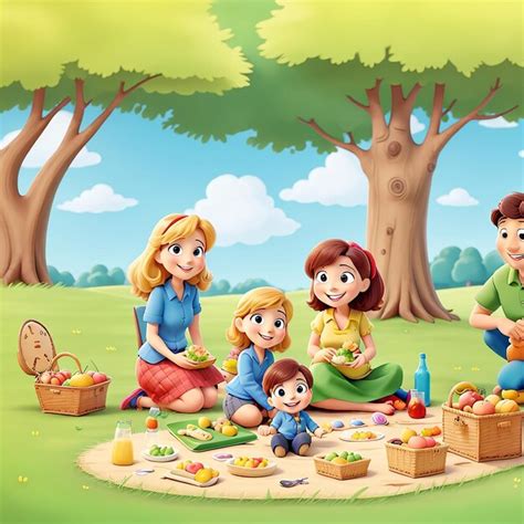 Escena De Picnic Con Familia Feliz En El Estilo De Animaci N D De
