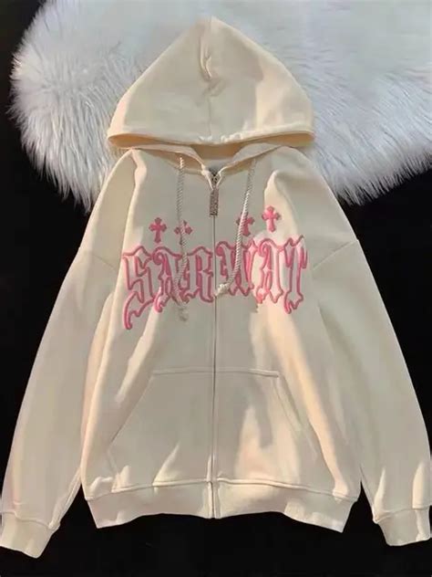 Goth Embroidery Hoodies Women High Street Harajuku Retro Hip Hop Zip Up Hoodie Loose Man