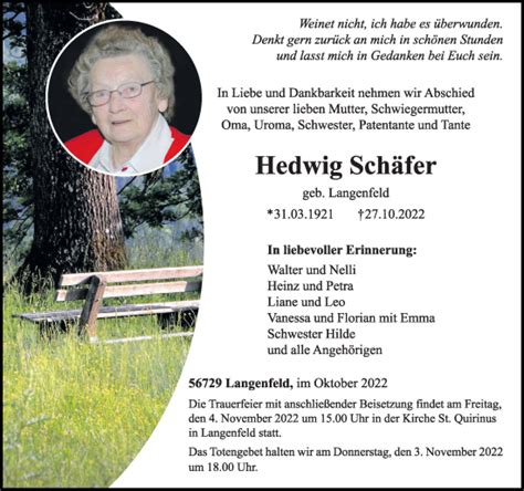 Traueranzeigen Von Hedwig Sch Fer Rz Trauer De