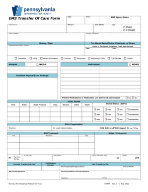 Fillable Online EMS Transfer Of Care Form Date EMS Agency Name Fax
