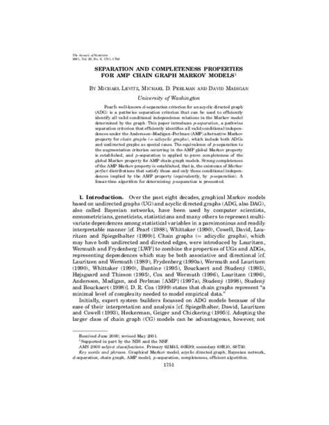pdf separation and completeness properties for amp chain graph markov models michael levitz