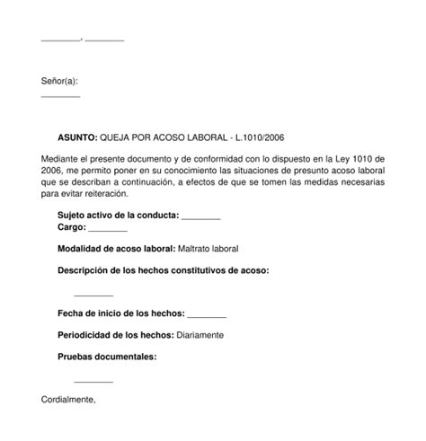 Carta De Queja Por Acoso Laboral Modelo Ejemplo