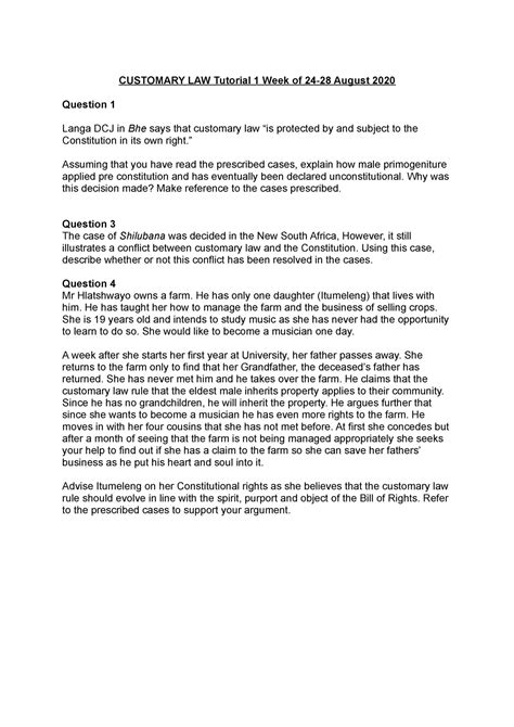 tutorial 13 bhe tut copy customary law tutorial 1 week of 24 28 august 2020 question 1 langa