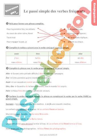 Evaluation Avec Le Corrig Pour Le Cm Le Pass Simple Des Verbes