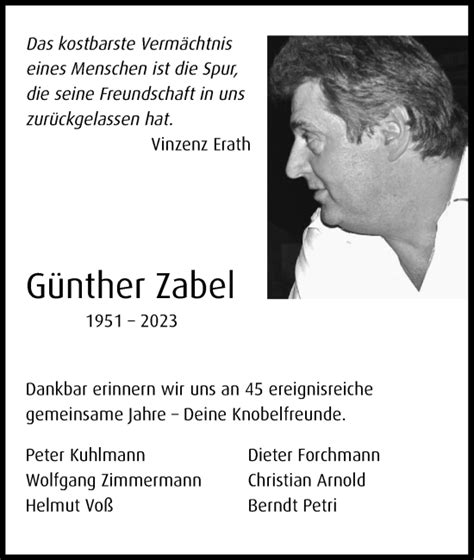 Traueranzeigen von Günther Zabel WirTrauern