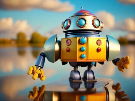 A Toy Robot Standing On Top Of A Reflective Surface Image Design ID