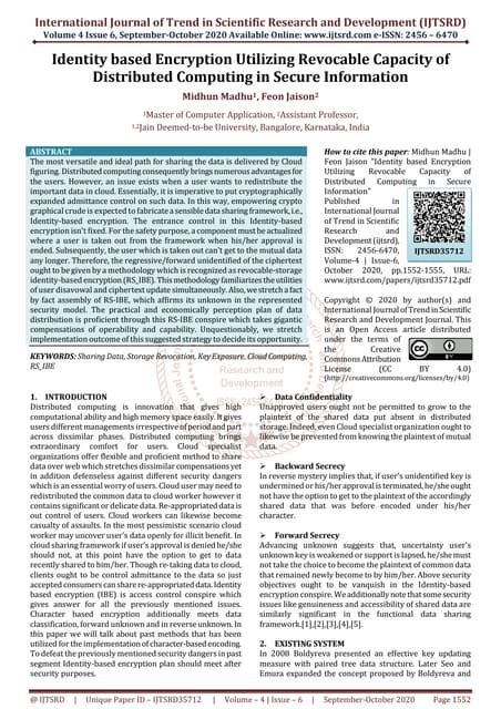 identity based encryption utilizing revocable capacity of distributed computing in secure
