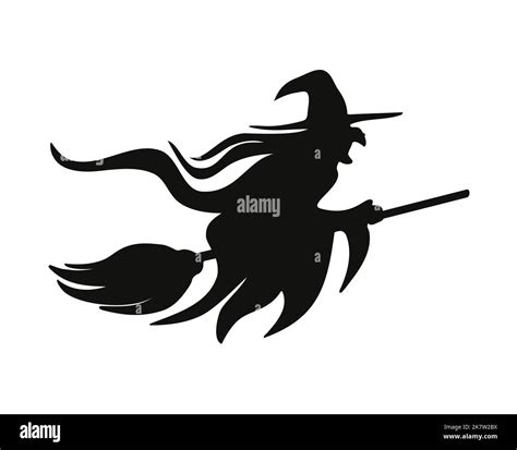 Classic Witch Flying On Broomstick Silhouette Scary Cartoon Halloween