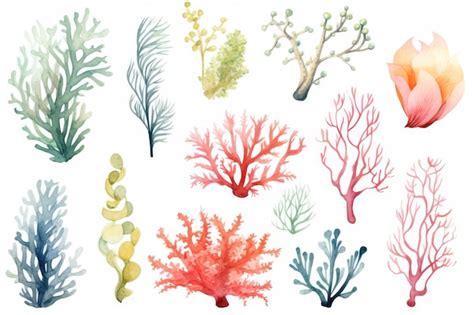 Premium Photo Set Of Vector Watercolor Seaweed And Corals Isolated