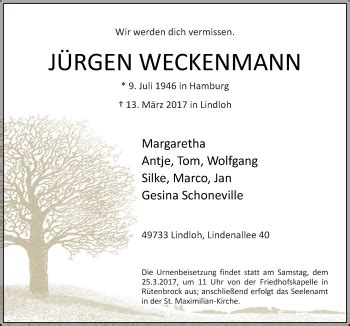 Traueranzeigen von Jürgen Weckenmann noz Trauerportal