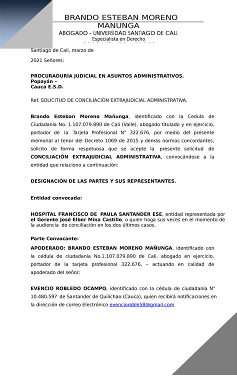Solicitud DE Conciliación ADMINISTRATIVO Derecho BRANDO ESTEBAN