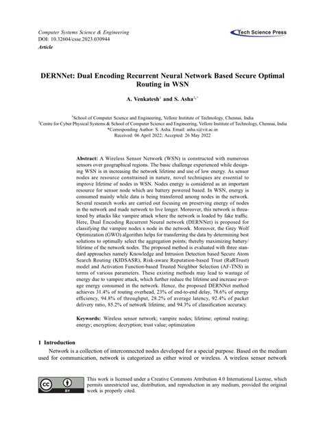 pdf dernnet dual encoding recurrent neural network based secure optimal routing in wsn