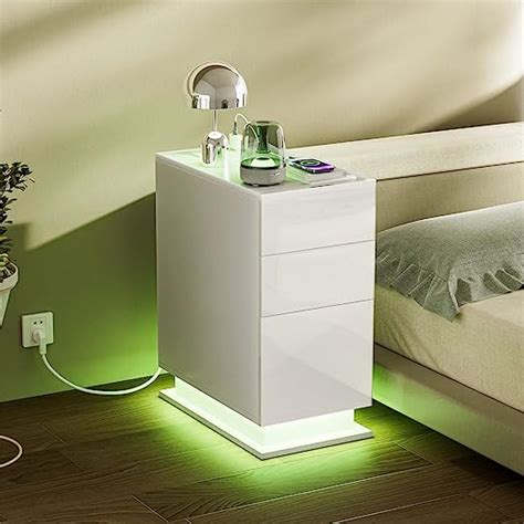 PIPIPOXER Nachttisch Weiß mit Steckdose USB Nachttisch LED mit 2