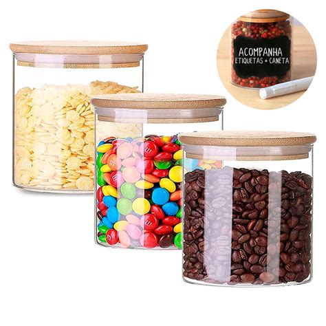Kit De Potes Herm Ticos Vidro Tampa Bambu Ml U Unica Unica