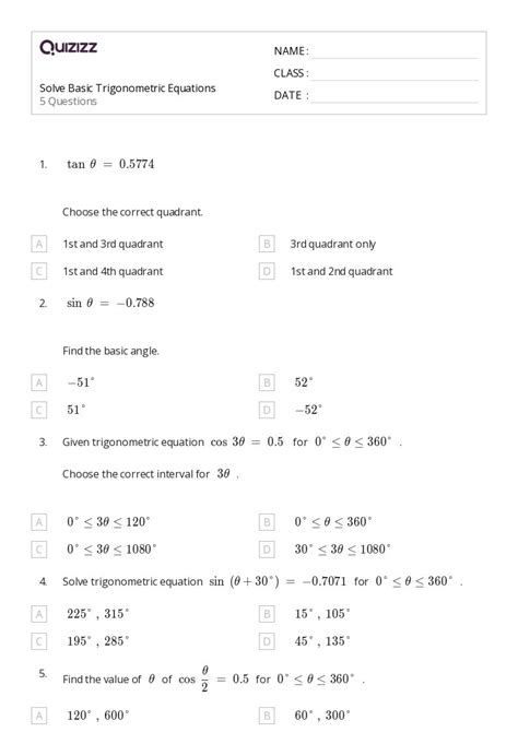 Trigonometric Equations Worksheets For Th Class On Quizizz Free