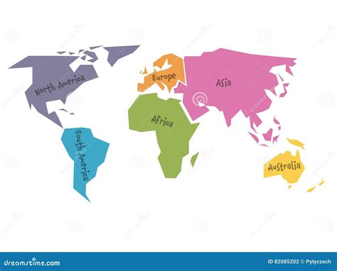 Mapa Del Mundo Simplificado Dividido A Seis Continentes En Diversos