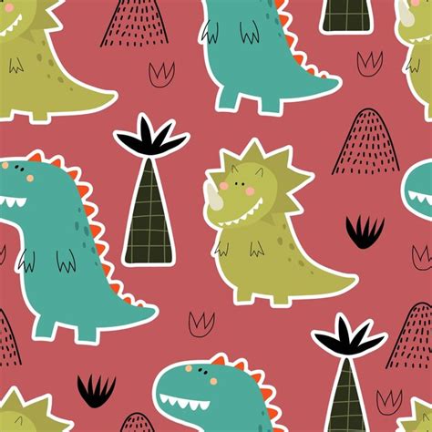 Patrón sin fisuras con dinosaurios de dibujos animados Vector Premium