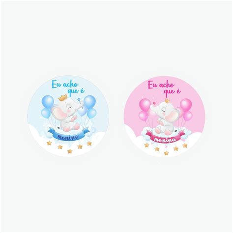 Adesivo Chá Revelação 40un Elefantinho Azul e Rosa 5cm