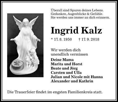 Traueranzeigen Von Ingrid Kalz Trauer Anzeigen De