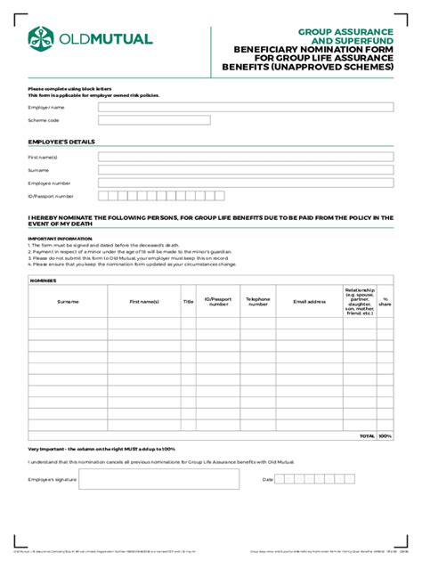 Fillable Online Beneficiary Nomination Form For Group Life Assurance