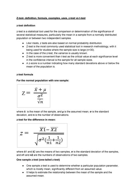 Research Methodology Z Test And T Test Z Test Definition Formula