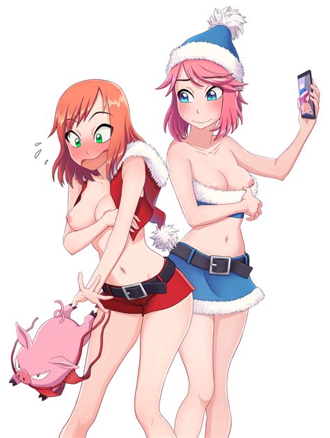 Rule 34 2girls Belt Bikini Blue Eyes Blue Shirt Blush Breasts Christmas Outfit Crop Top