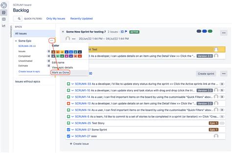 mark as done option is missing in the epic menu in board s backlog page jira atlassian