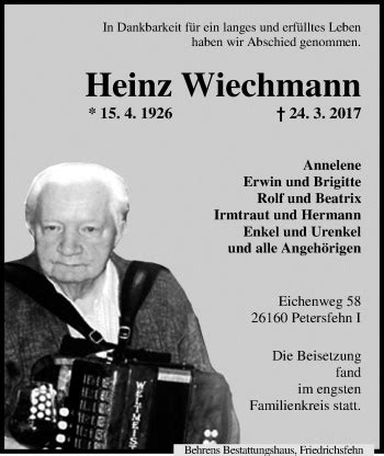 Traueranzeigen Von Heinz Wiechmann Nordwest Trauer De
