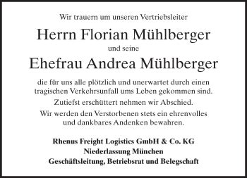 Traueranzeigen von Florian und Andrea Mühlberger trauer merkur de