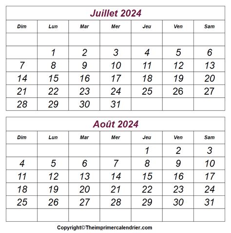 Calendrier Juillet et Août 2024 The Imprimer Calendrier