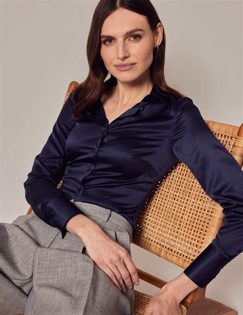 Women S Navy Fitted Satin Shirt Hawes Curtis
