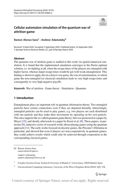 cellular automaton simulation of the quantum war of attrition game request pdf