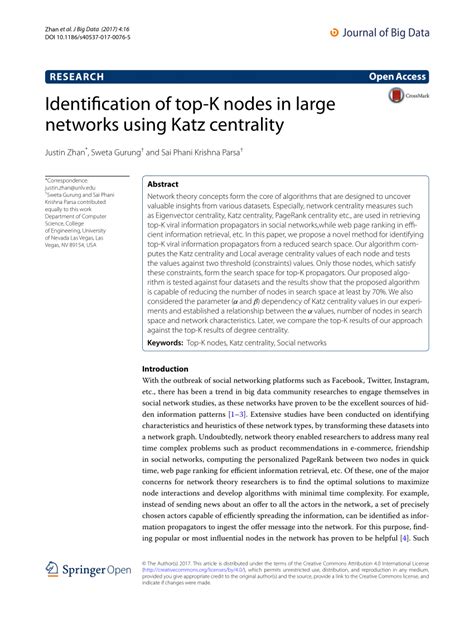 pdf identification of top k nodes in large networks using katz centrality