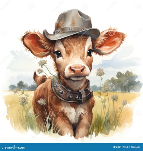 Adorable Highland Baby Cow Wearing Cowboy Hat And Bandana AI Generated