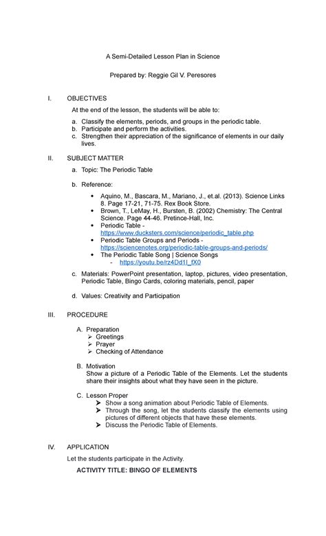 Science Lesson Plan The Periodic Table A Semi Detailed Lesson Plan
