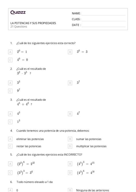 50 Propiedades De Los Exponentes Hojas De Trabajo Para Grado 3 En