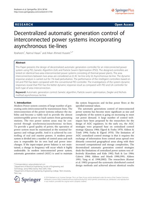 pdf decentralized automatic generation control of interconnected power systems incorporating