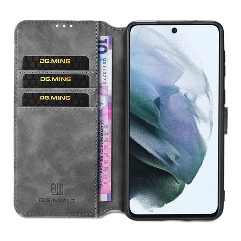 Köp DG MING Samsung Galaxy S21 FE Fodral Retro Läder Grå Teknikhallen se