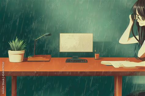Lofi Girl Studying At Her Desk Rain Ourside Beautiful Chill