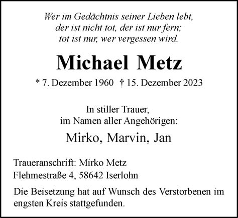 Traueranzeigen Von Michael Metz Trauer In NRW De