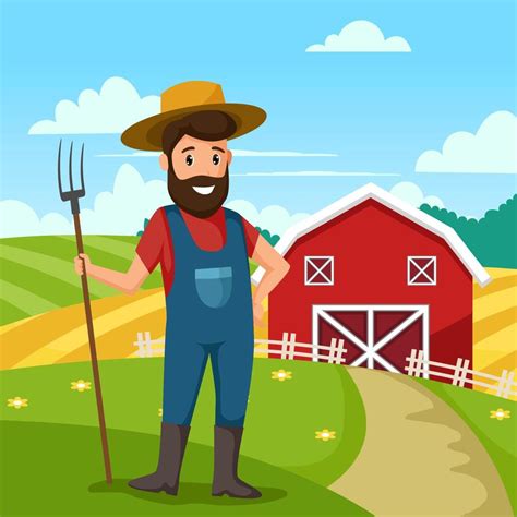 agriculteur de dessin animé avec fond de terres agricoles 4985994 Art