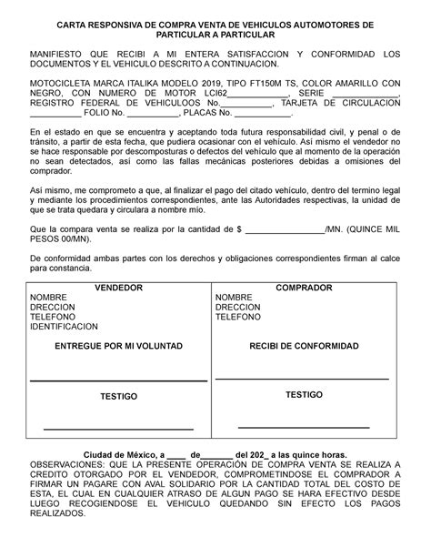 556488120 Carta De Compra Venta Moto Italika WORD Editable CARTA