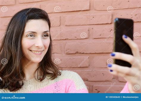 Young Woman Taking Selfie With Her Smartphone Stock Image Image Of Photographing Cell 120343643
