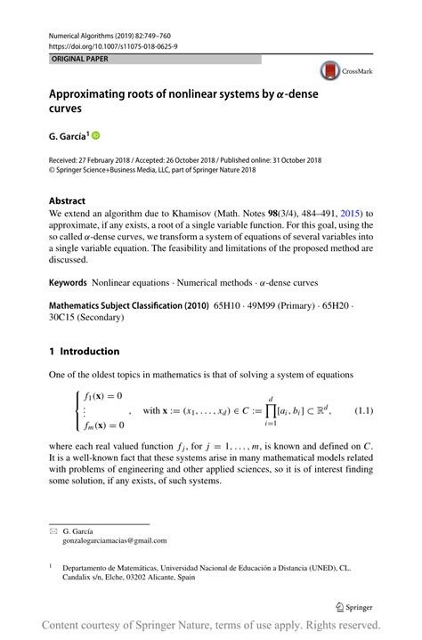 approximating roots of nonlinear systems by α dense curves request pdf