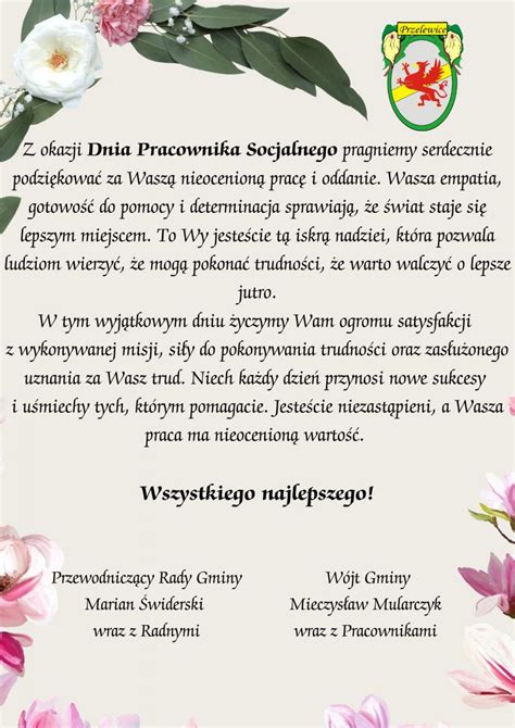 Życzenia z okazji Dnia Pracownika Socjalnego Przelewice
